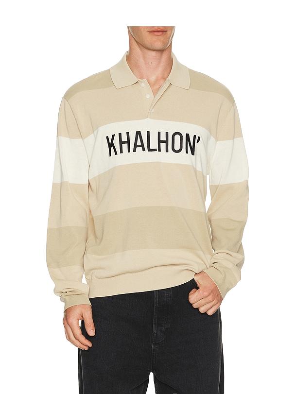 KHALHON khalhon coastal stripe knit polo jacket in brown.